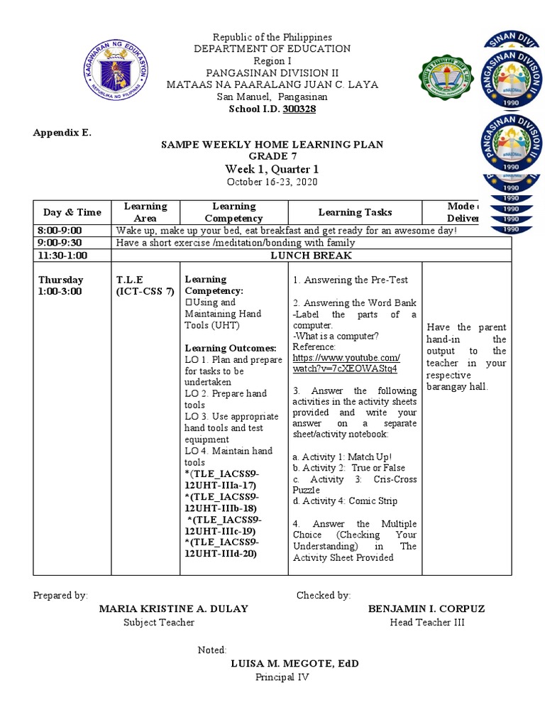 SAMPLE G7 - TLE - ICT - WEEKLY HOME LEARNING PLAN TEMPLATE - Week3 ...