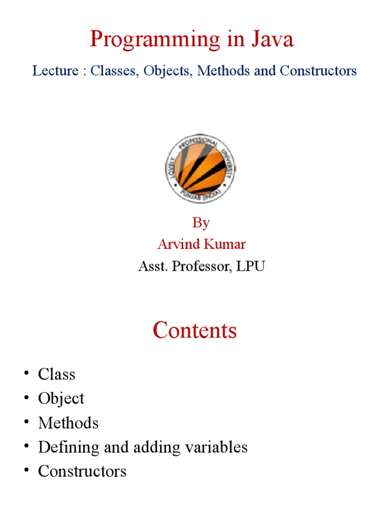 Programming In Java Lecture Classes Objects Methods And Constructors Pdf Method