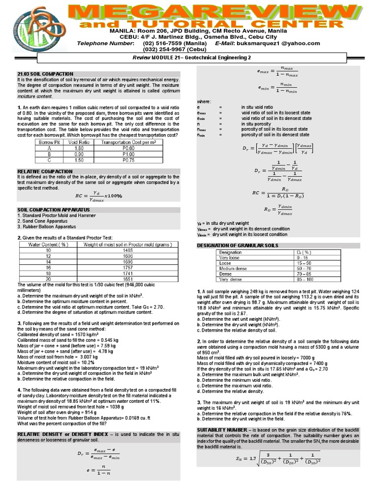 Review Module 21 Geotechnical Engineering 2 Part 2 | PDF | Density | Geotechnical Engineering