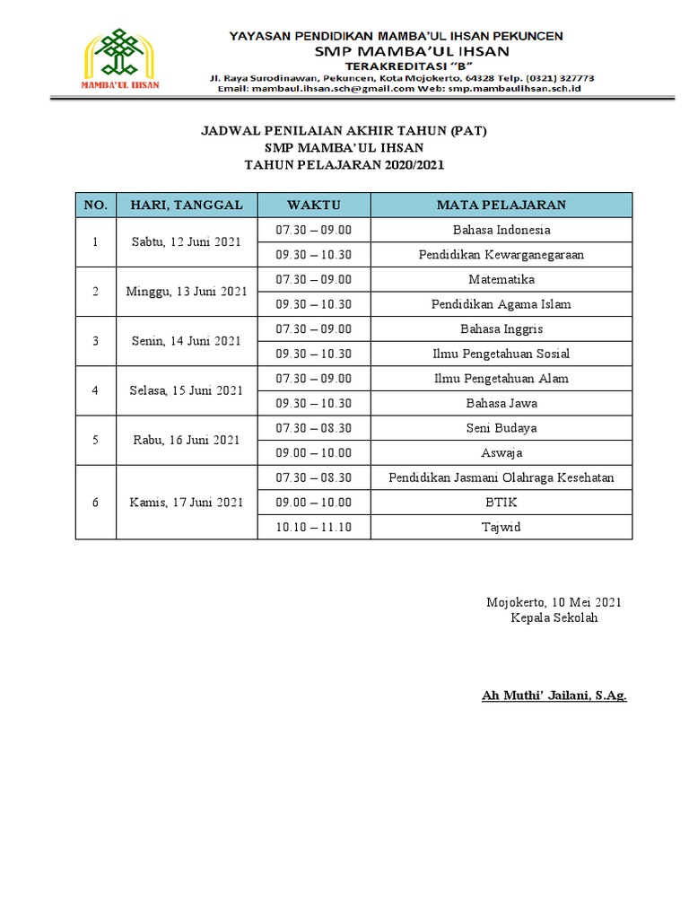 Jadwal Mapel Dan Pengawas Pat 20-21 | PDF