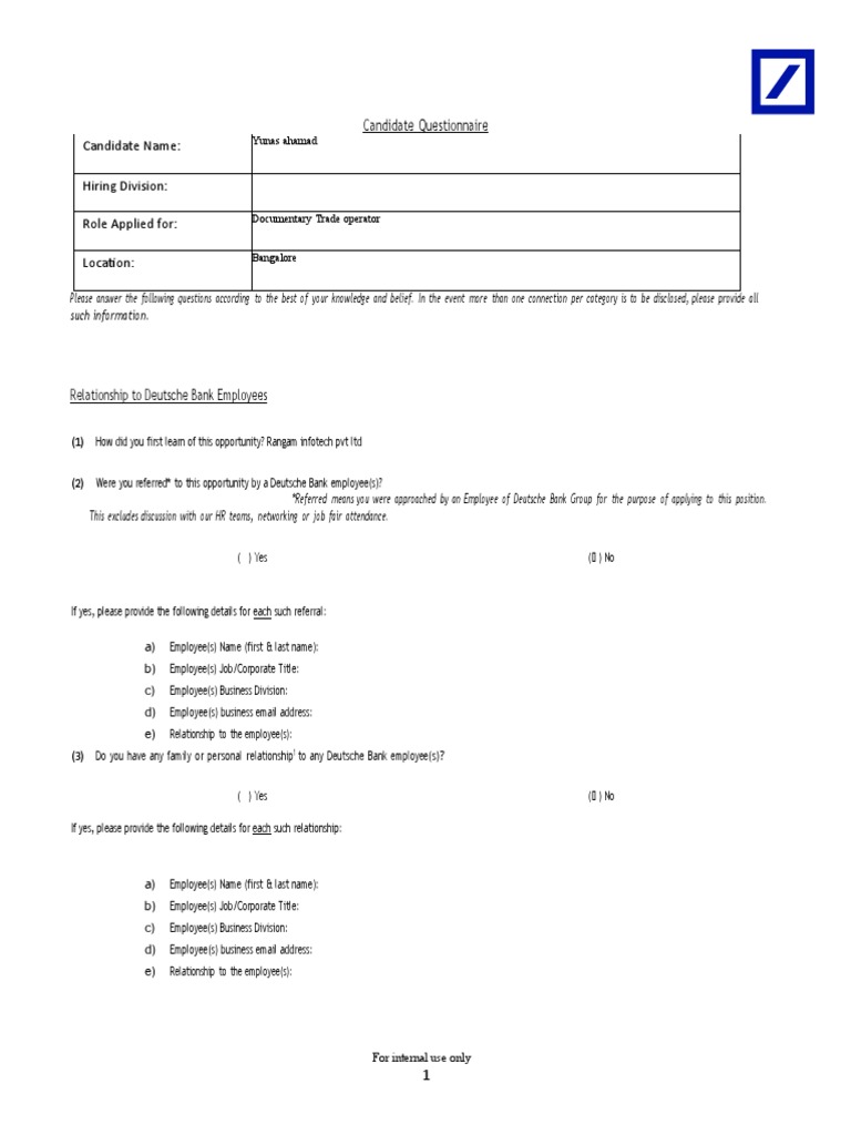 Deutsche Bank Candidate Questionnaire | PDF | Conflict Of Interest | Banks