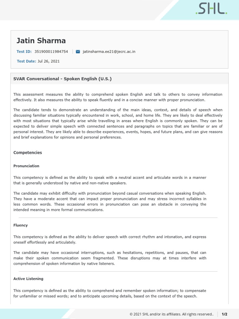 Jatin Sharma: SVAR Conversational - Spoken English (U.S.) | PDF | Fluency | Speech