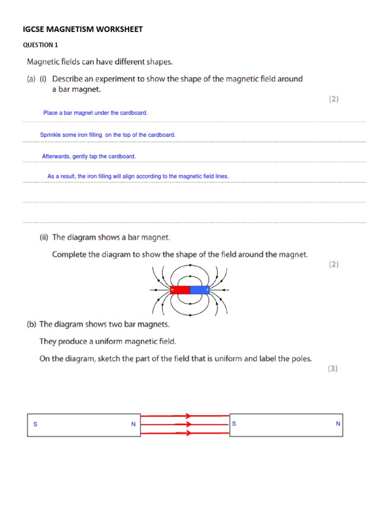 Igcse Magnetism Worksheet: Place A Bar Magnet Under The Cardboard | PDF