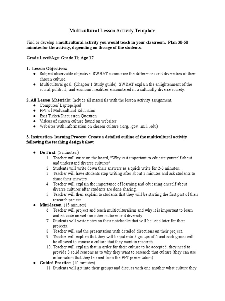 Edu 280 New Multicultural Lesson Activity Template Assignment | PDF ...