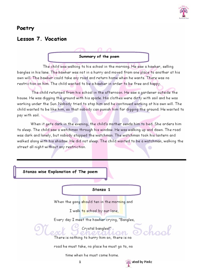 Poetry Lesson 7. Vocation: Summary of The Poem | PDF