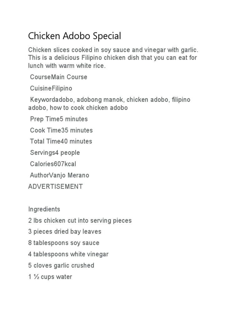 Filipino Chicken Adobo Recipe | PDF | Cooking, Food & Wine | Technology ...