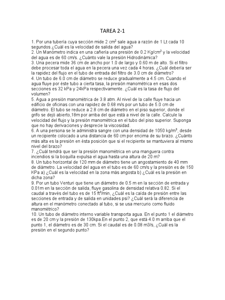 TAREA 2FLUIDODINAMICAdocx | PDF | Presión | Tubería (transporte de fluidos)