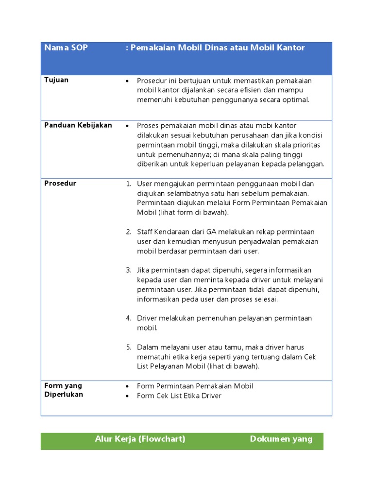 SOP Pemakaian Mobil Dinas Perusahaan | PDF