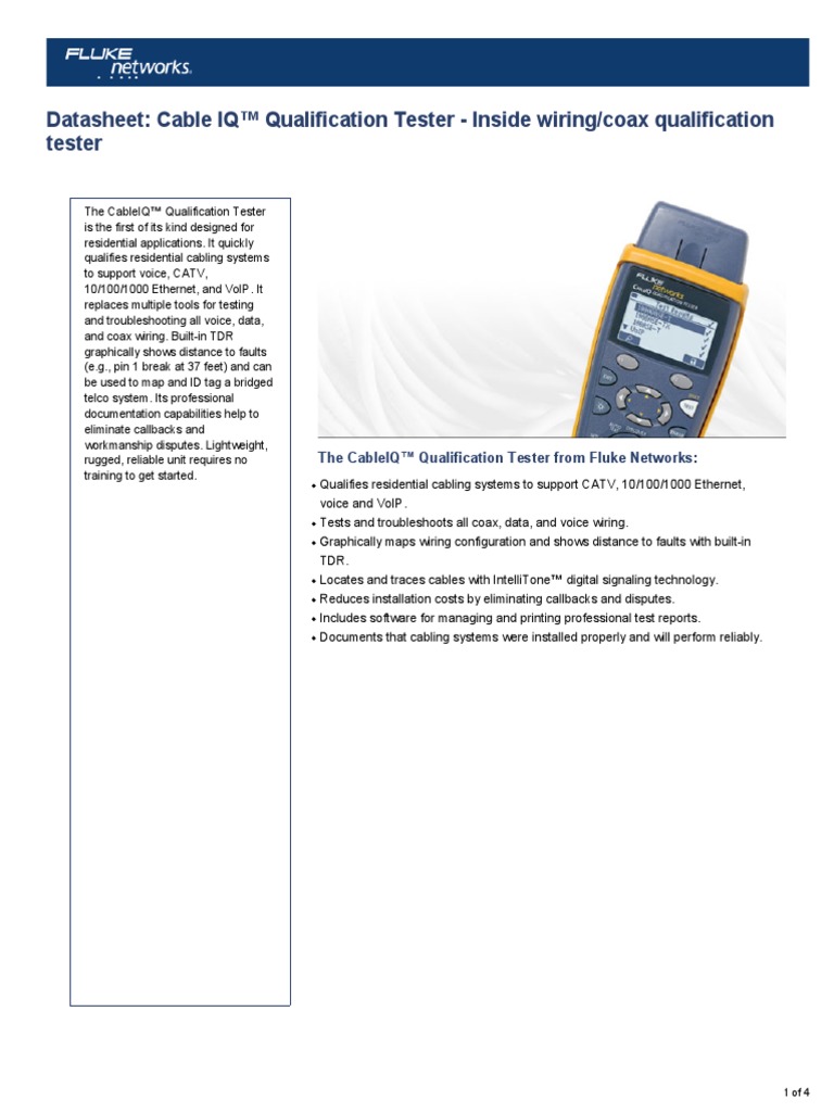 Datasheet: Cable IQ™ Qualification Tester - Inside Wiring/coax ...