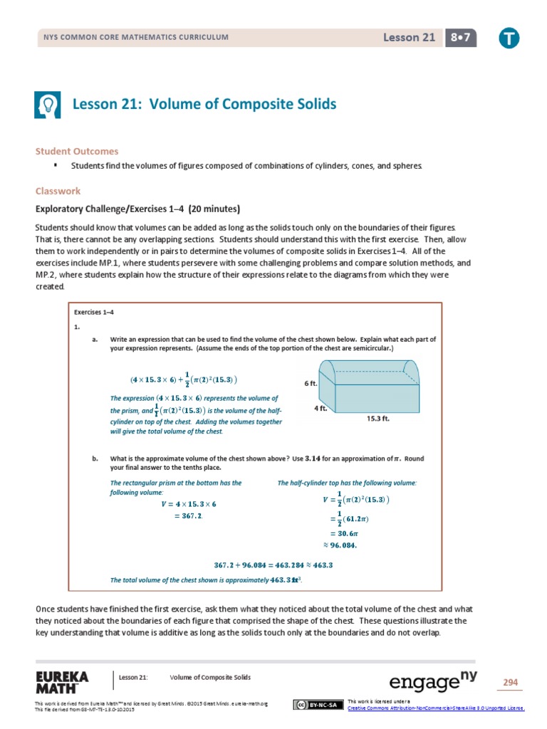Lesson 21: Volume of Composite Solids: Student Outcomes | PDF | Volume ...