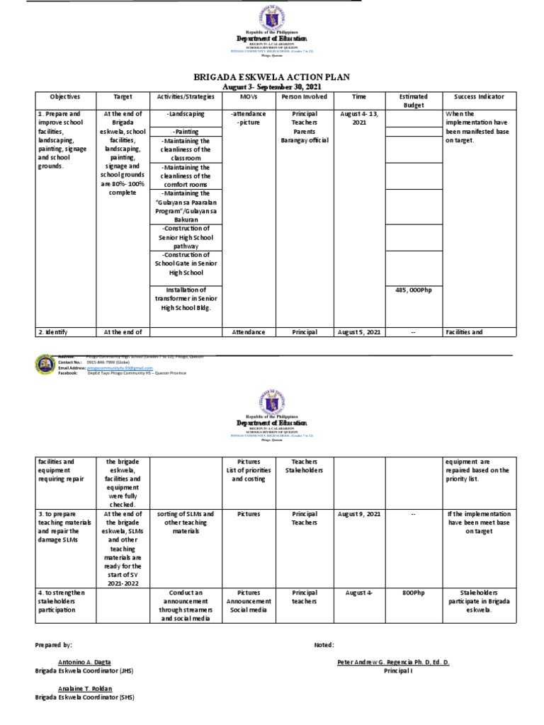 Brigada Eskwela Action Plan: August 3-September 30, 2021 | Download ...