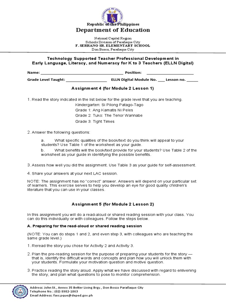 ELLN Module 2 Lesson 1 Answer Key | PDF | Educational Stages | Question
