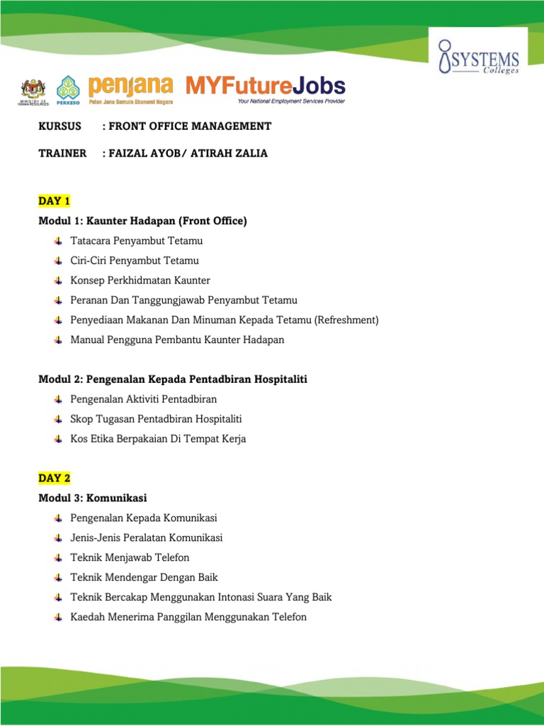 Modul Kursus Front Office Management | PDF