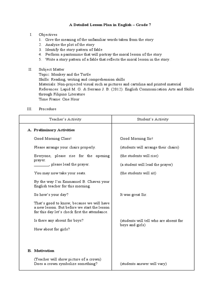 A Detailed Lesson Plan in English - Grade 7 | PDF | Fable | Lesson Plan