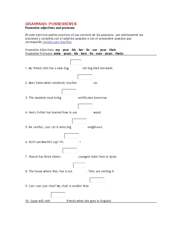 Practicing Possessive Adjectives and Pronouns: A Grammar Exercise on ...