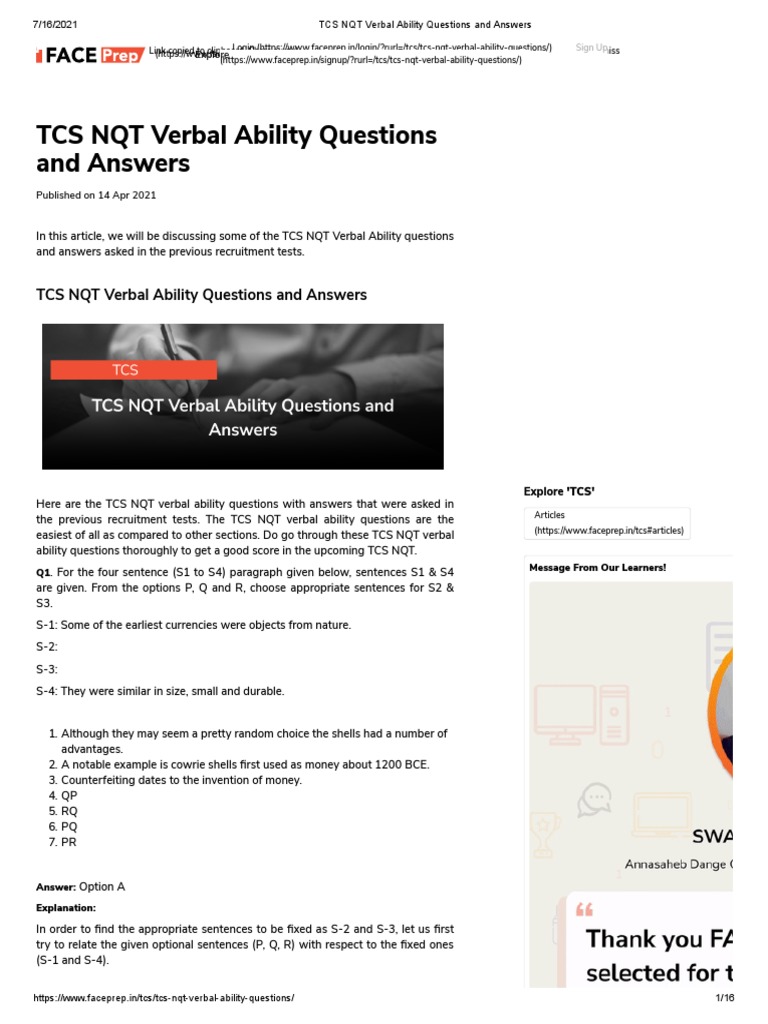 TCS NQT Verbal Ability Questions and Answers | PDF | Verb | Syntax