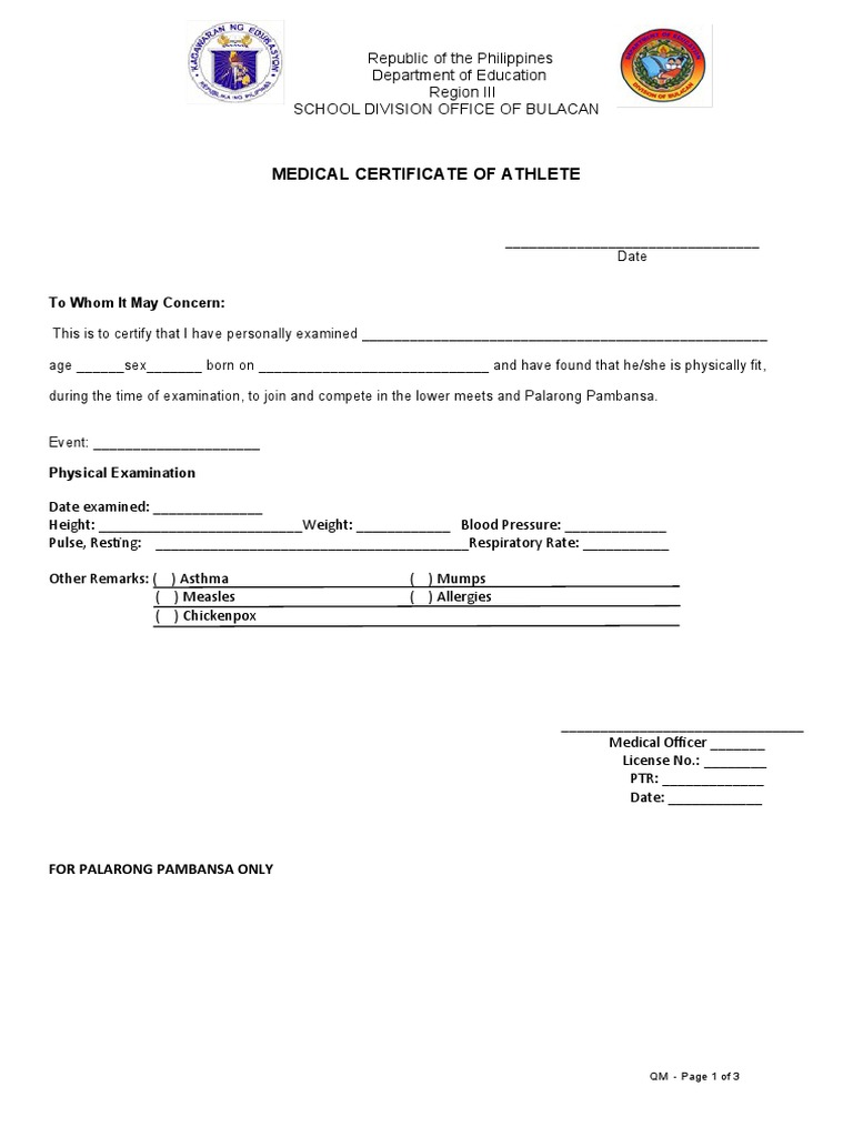 Medical Certificate of Athlete: To Whom It May Concern | Download Free ...