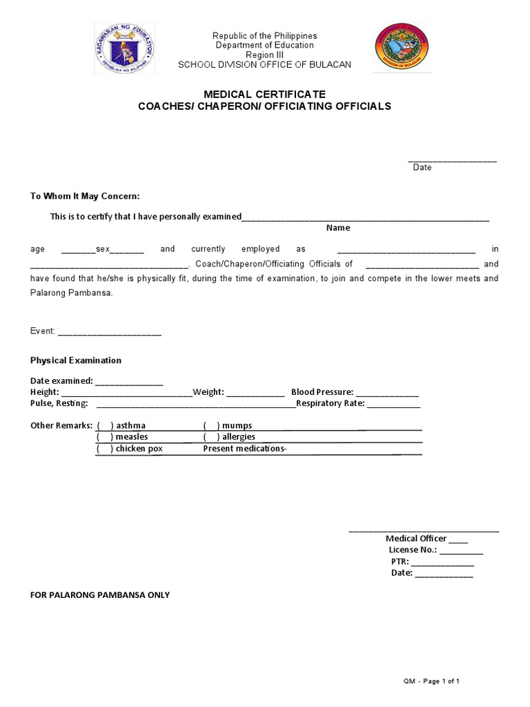 Medical Certificate Coaches/ Chaperon/ Officiating Officials | PDF
