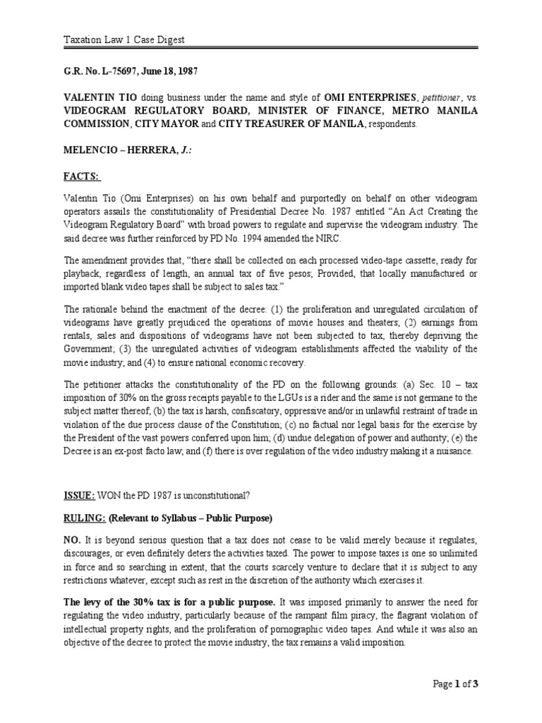 Tio vs. Videogram Regulatory Board Case | PDF | Decree | Taxes