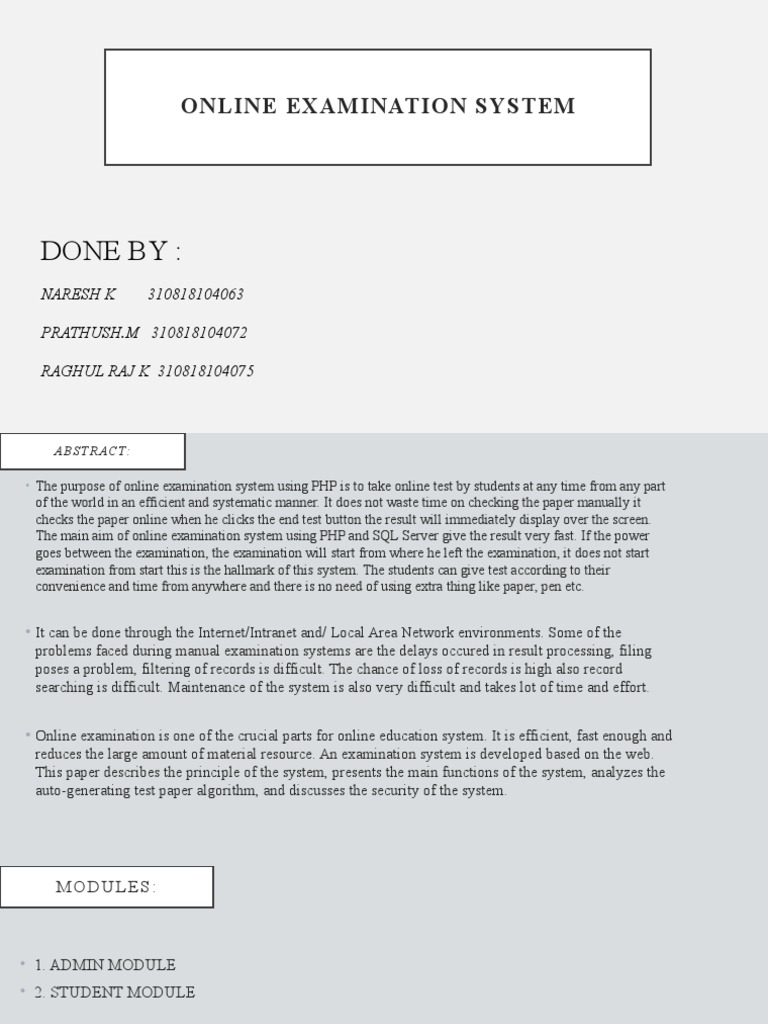 Done By:: Online Examination System | PDF | Standardized Tests | Php