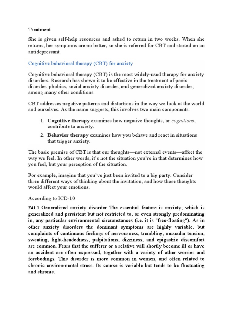 Treatment Plan for Generalized Anxiety Disorder: Referral to Cognitive ...