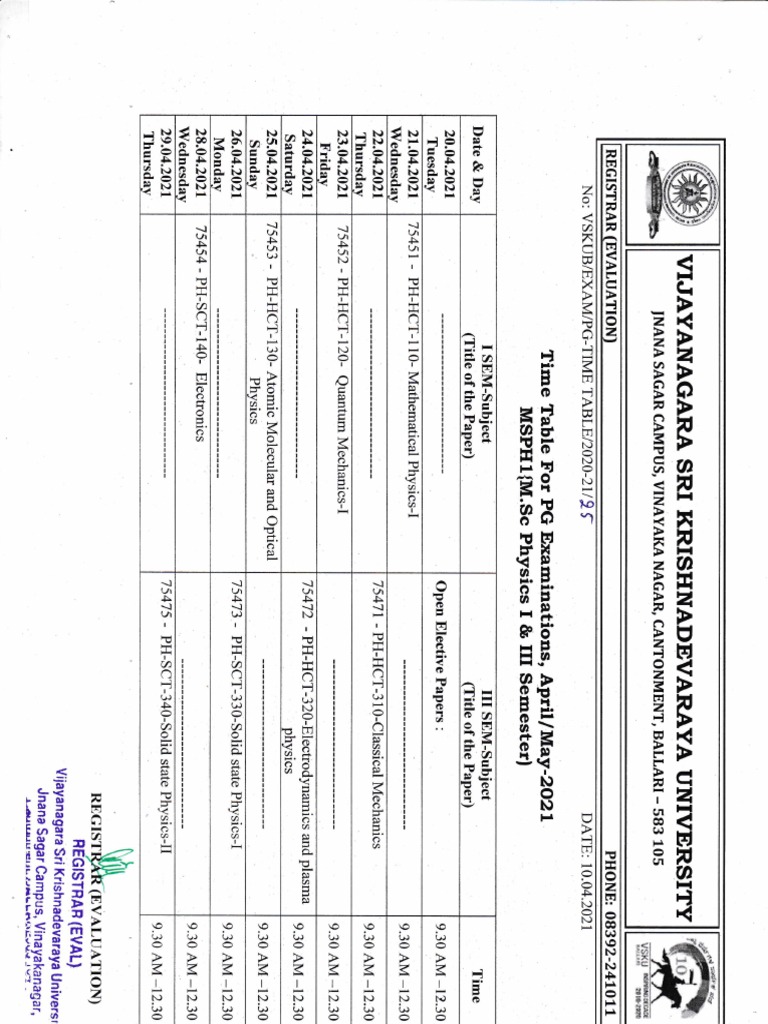 PG Time Table 2021 | PDF