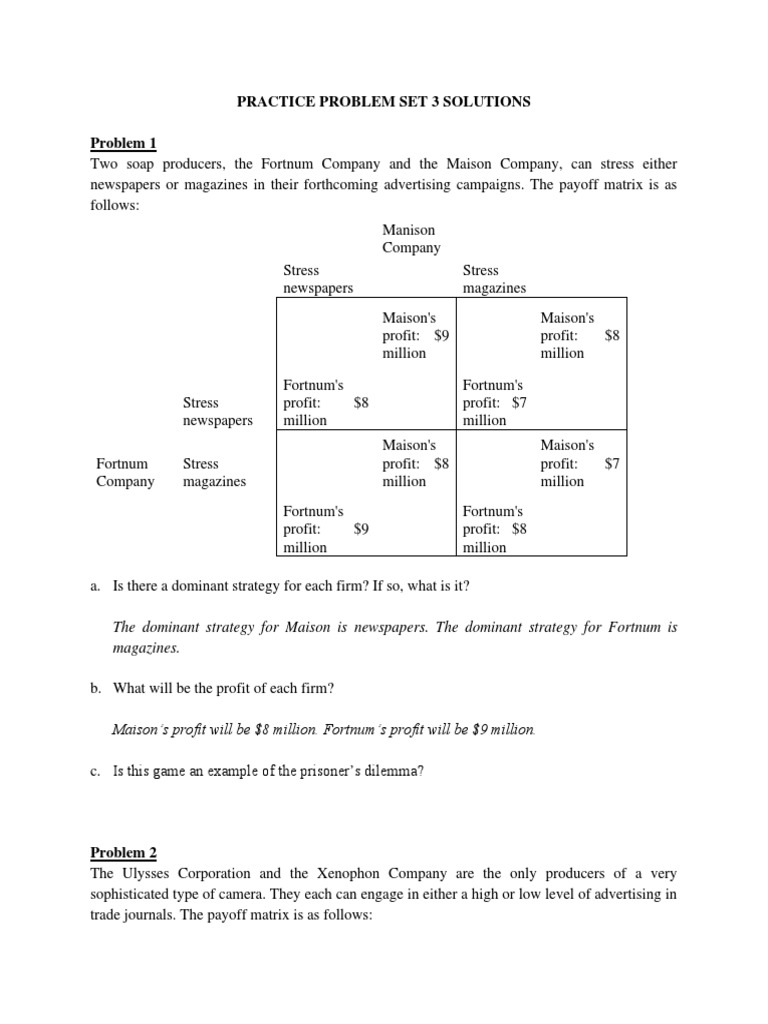 Practice Problem Set 3 Solutions Pdf Game Theory Economics Of