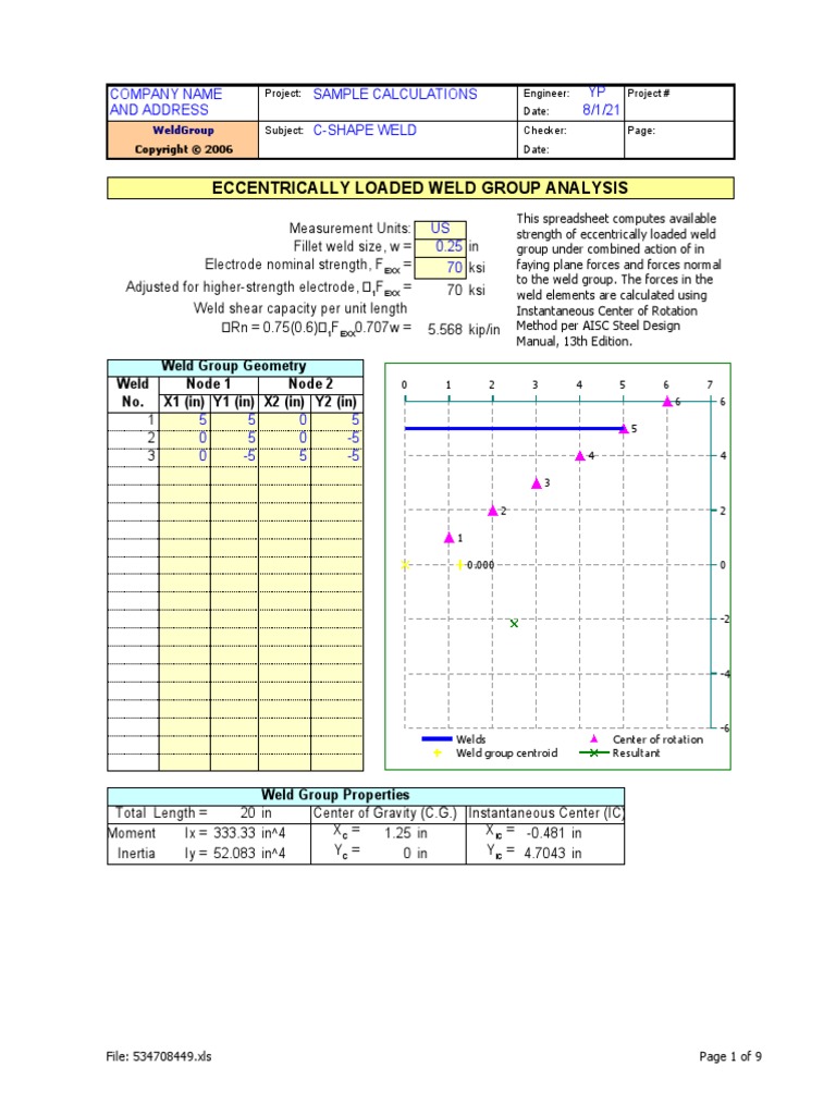 Eccentrically Loaded Weld Group Analysis: Company Name Sample ...