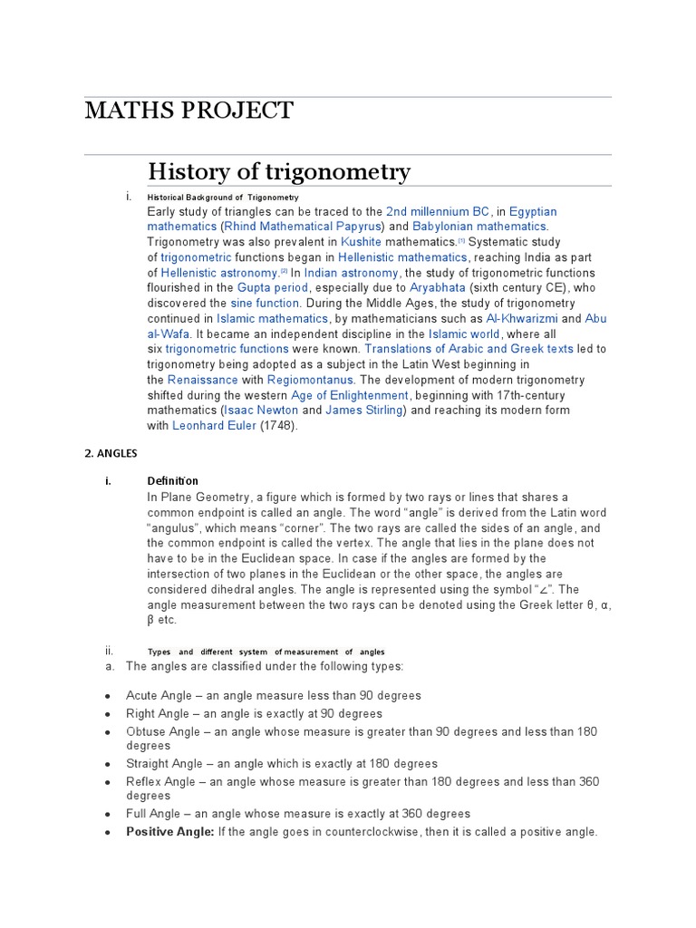 Maths Project History of Trigonometry: 2. Angles I | PDF ...