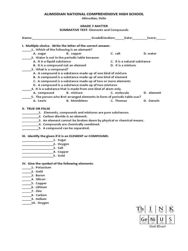 Elements and Compounds Quiz | PDF