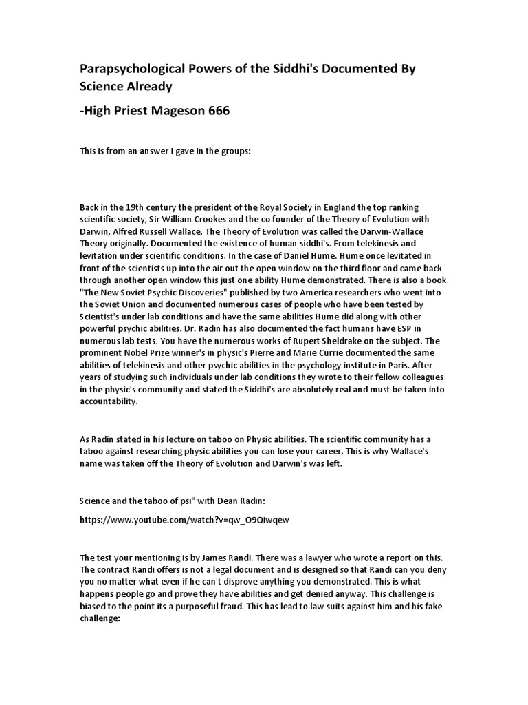 Parapsychological Powers of The Siddhi S Documented | PDF | Parapsychology | Science And Technology