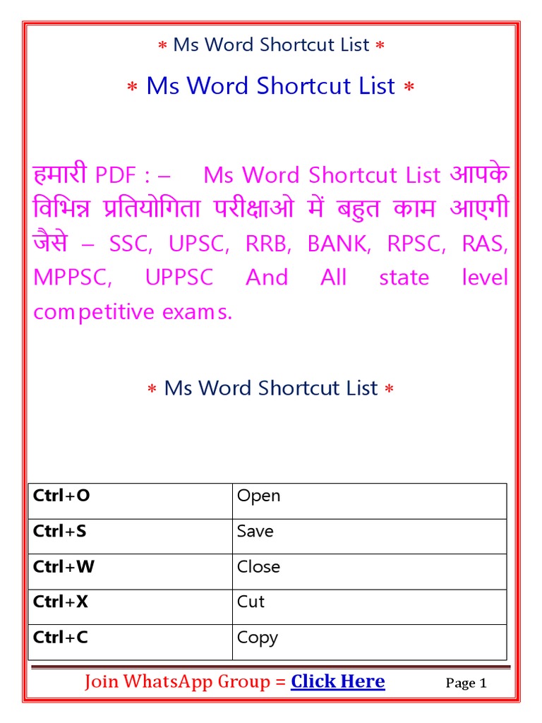 Ms Word Shortcut List (WWW - MyGkNotes.com) | PDF | Microsoft Word ...