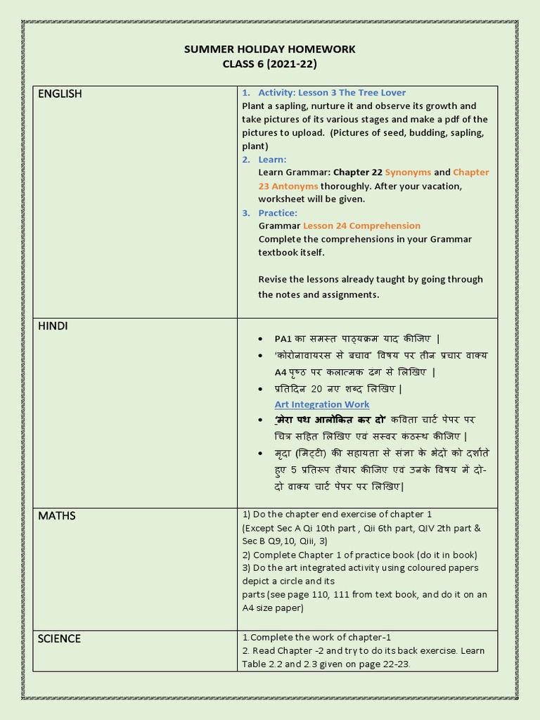 CLASS 6-Holiday Homework, 2021-22 | PDF | Computing And Information ...