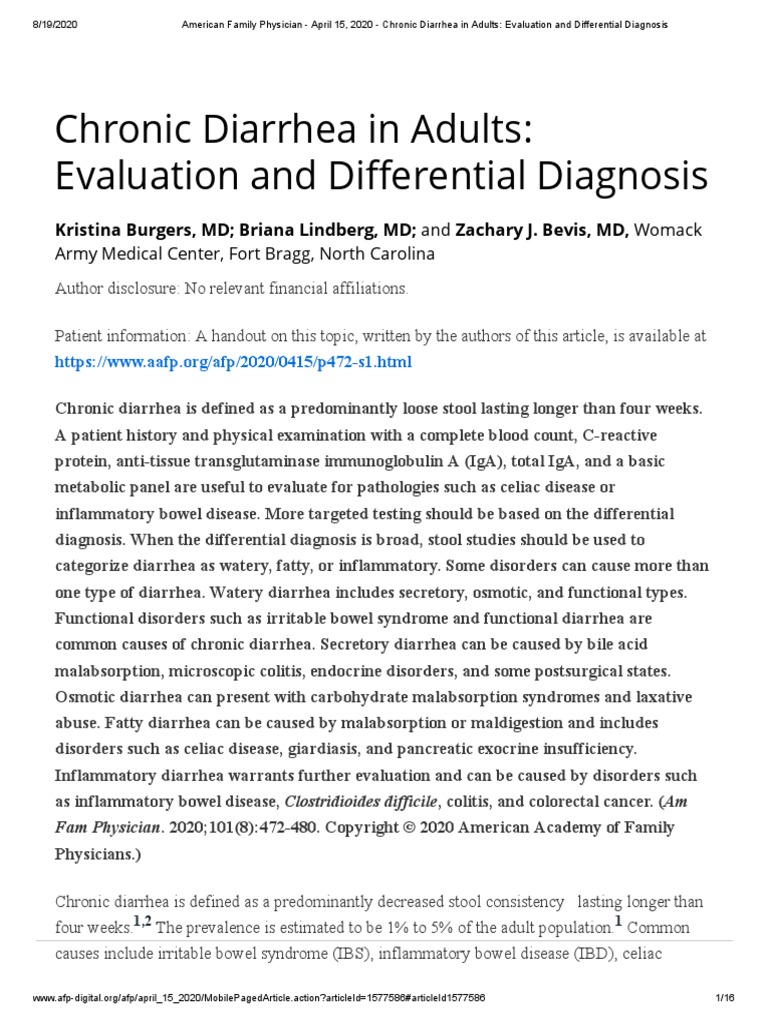 American Family Physician - April 15, 2020 - Chronic Diarrhea in Adults ...