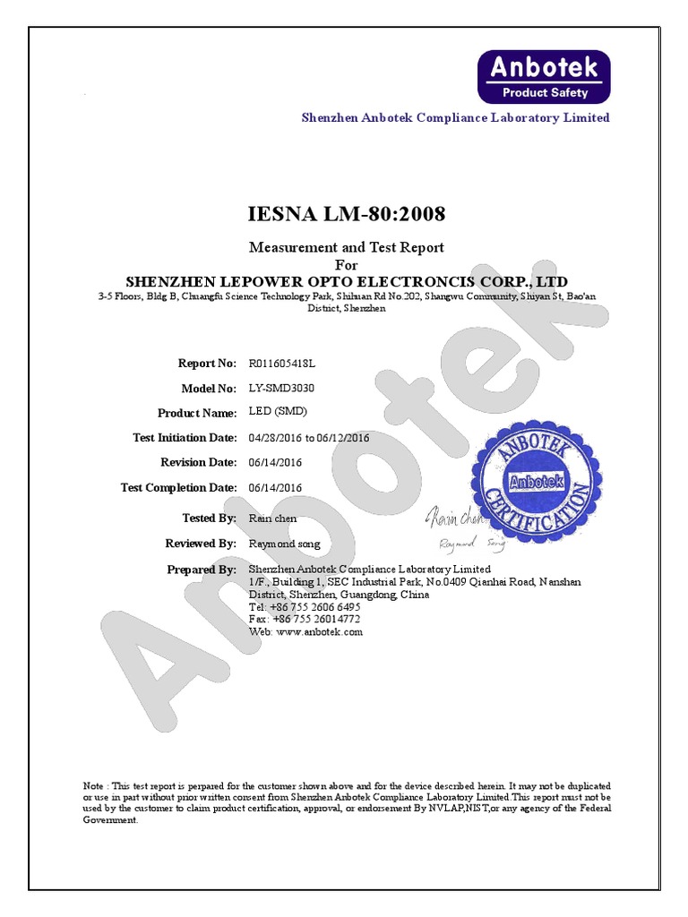 IESNA LM-80:2008: Shenzhen Lepower Opto Electroncis Corp., LTD | PDF ...