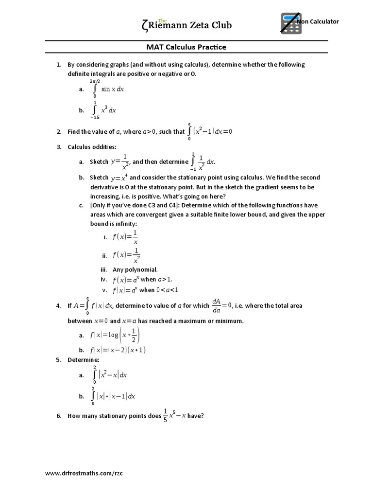 MAT Calculus Practice: X DX A A 0 X DX 0 | PDF | Maxima And Minima | Derivative