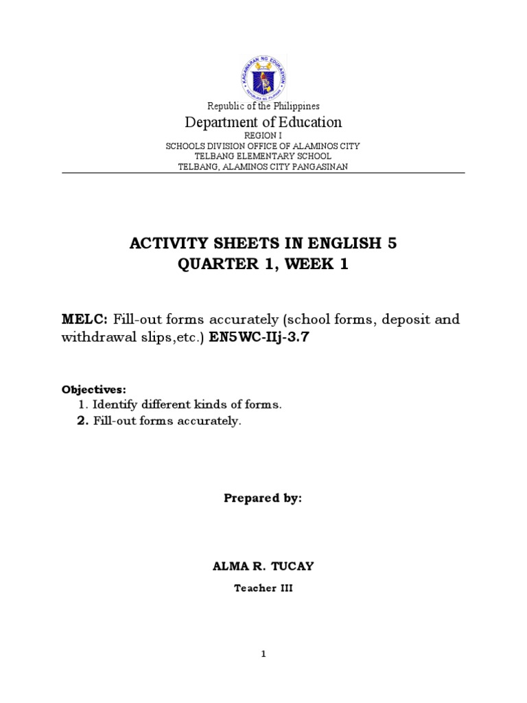 Department of Education: Activity Sheets in English 5 Quarter 1, Week 1 ...