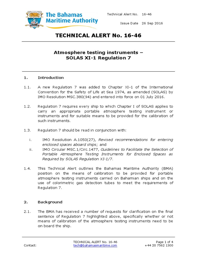 Atmosphere Testing Instruments - SOLAS XI-1 Regulation 7 - BMA | PDF ...