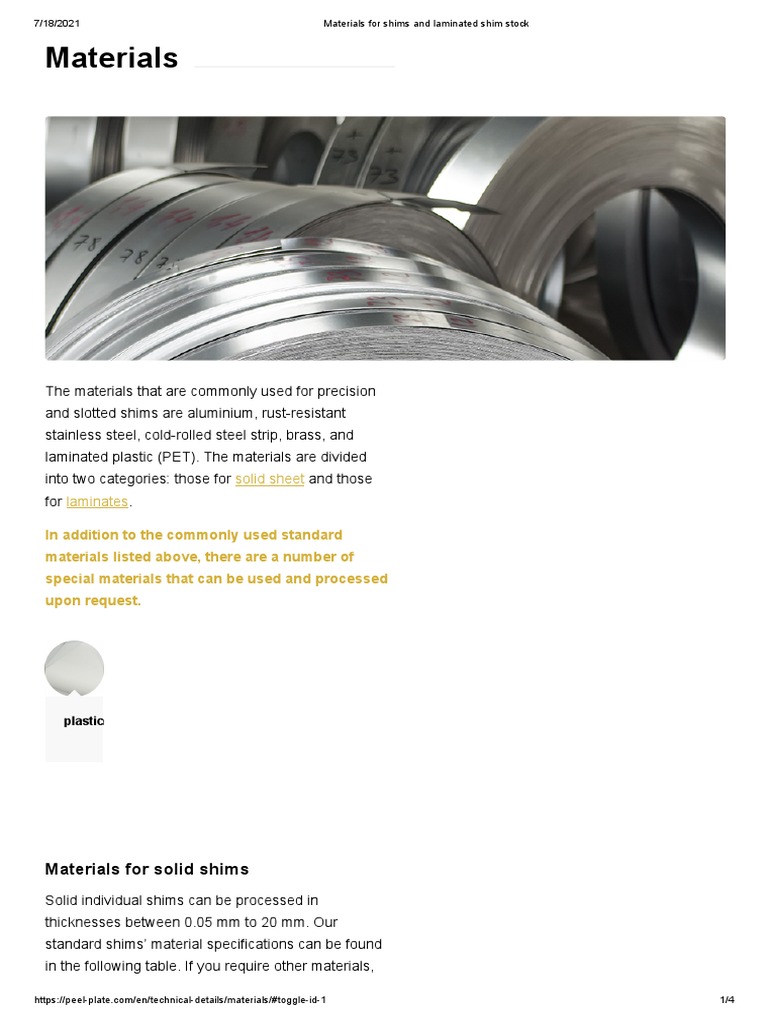 Materials For Shims and Laminated Shim Stock Peel-Plate GMBH | PDF ...