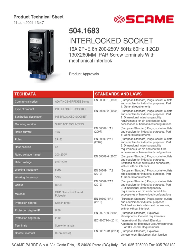 Interlocked Socket: 16A 2P+E 6h 200-250V 50Hz 60Hz II 2GD 130X260MM ...