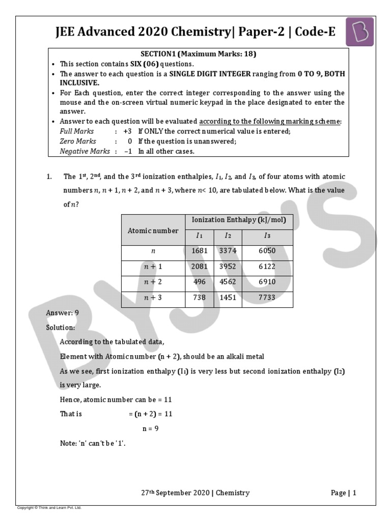 JEE Advanced 2020 Question Paper Chemistry Paper 2 | PDF | Mole (Unit) | Chemistry