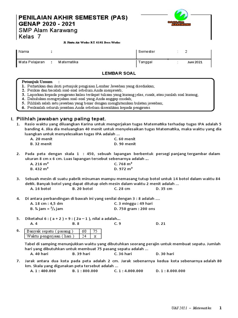 SOAL Uas MTK Kelas 7 | PDF