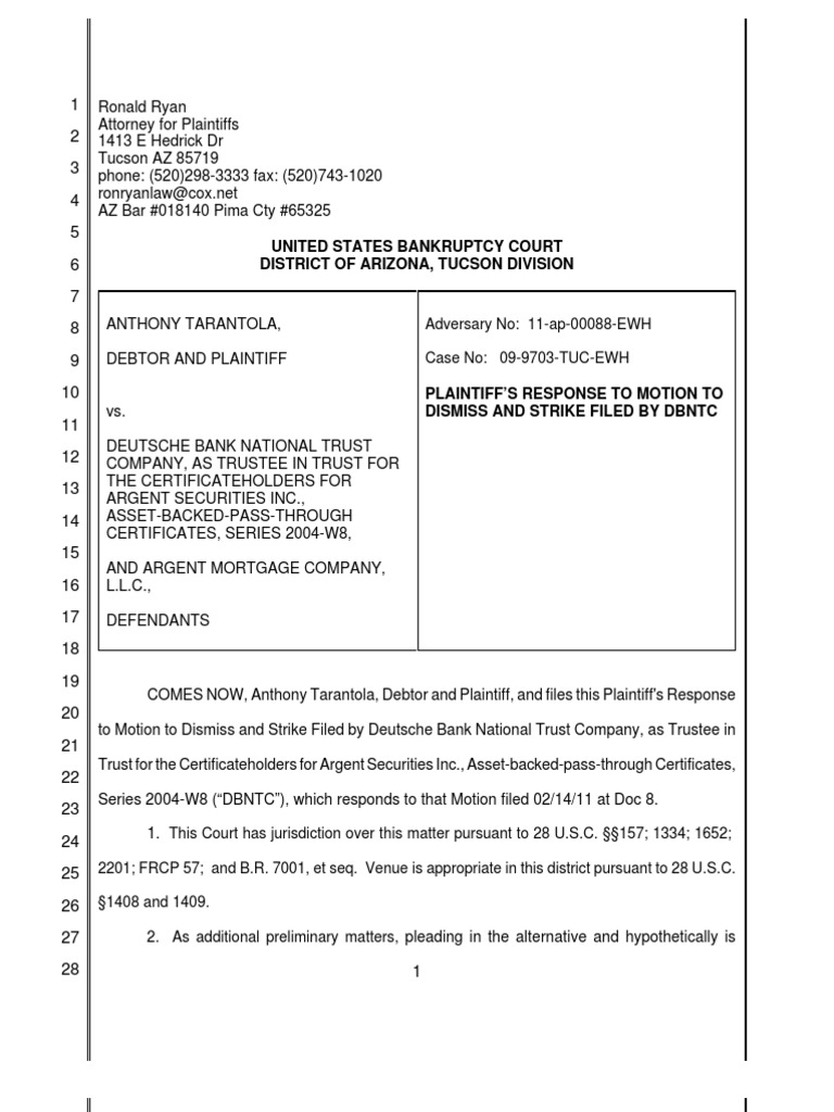 Response To DBNTC Motion To Dismiss | PDF | Federal Rules Of Civil Procedure | Declaratory Judgment
