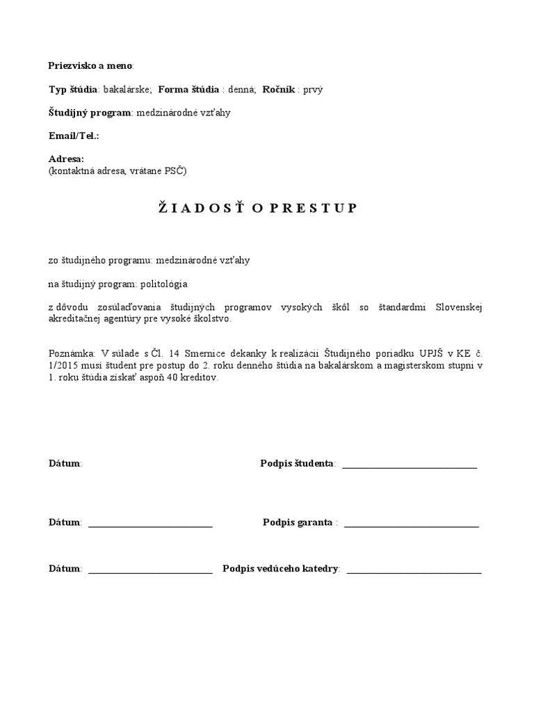 01 Ziadost o Prestup | PDF