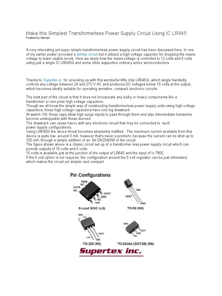 Make This Simplest Transformerless Power Supply Circuit Using IC LR645 ...