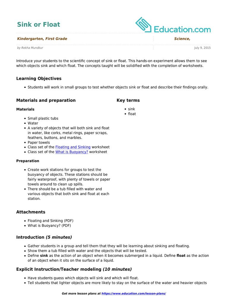 Sink or Float: Learning Objectives | PDF | Buoyancy | Lesson Plan