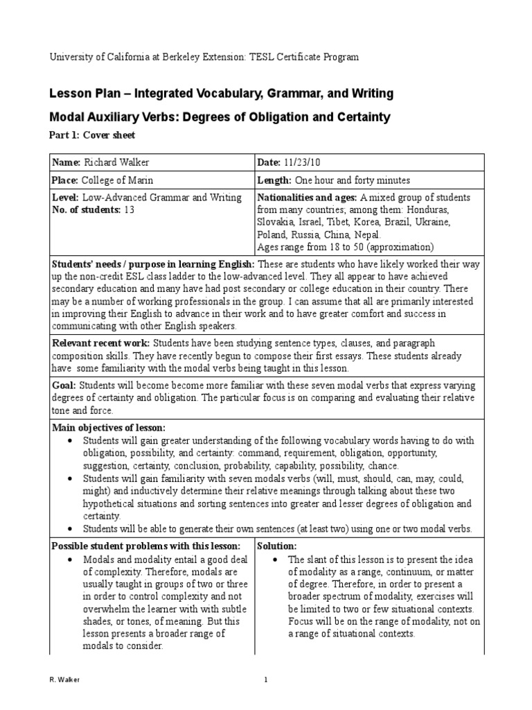 Modal Auxiliary Verbs Lesson Plan | Download Free PDF | Verb | English ...