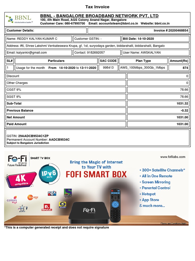 Internet Bill October 2020 | PDF