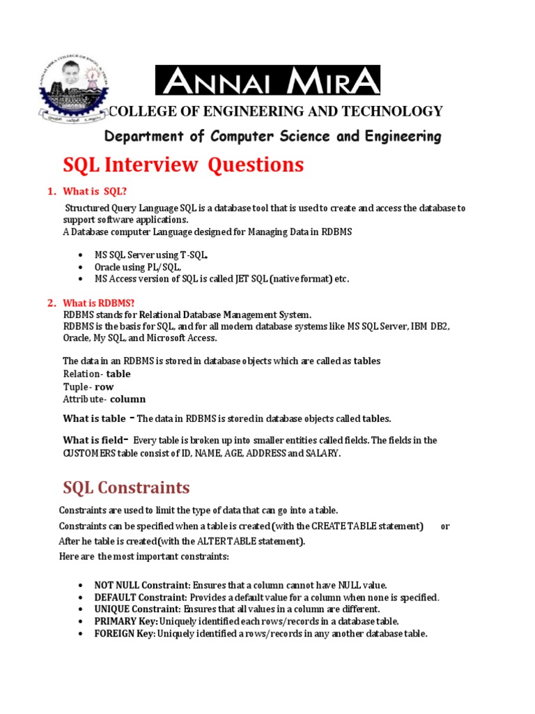SQL Interview Questions 2021 | PDF | Relational Database | Sql