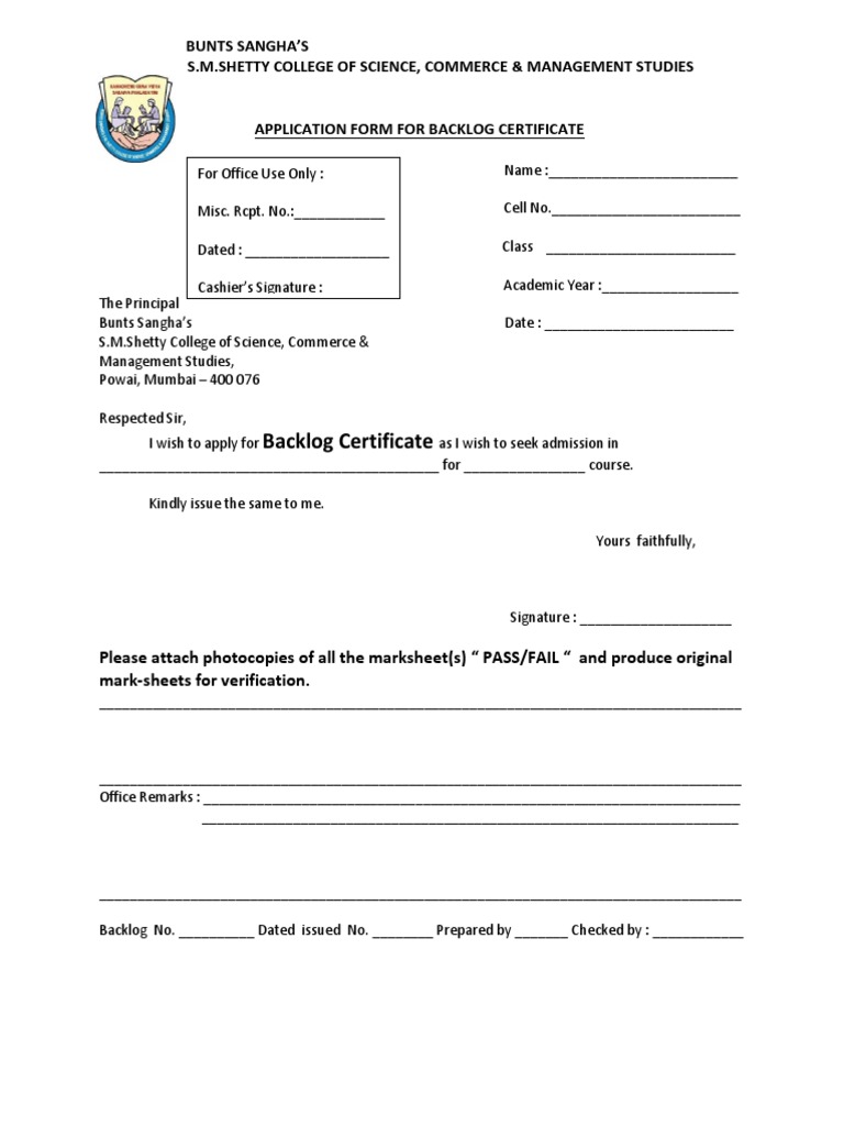 Backlog Certificate: Bunts Sangha'S S.M.Shetty College of Science ...